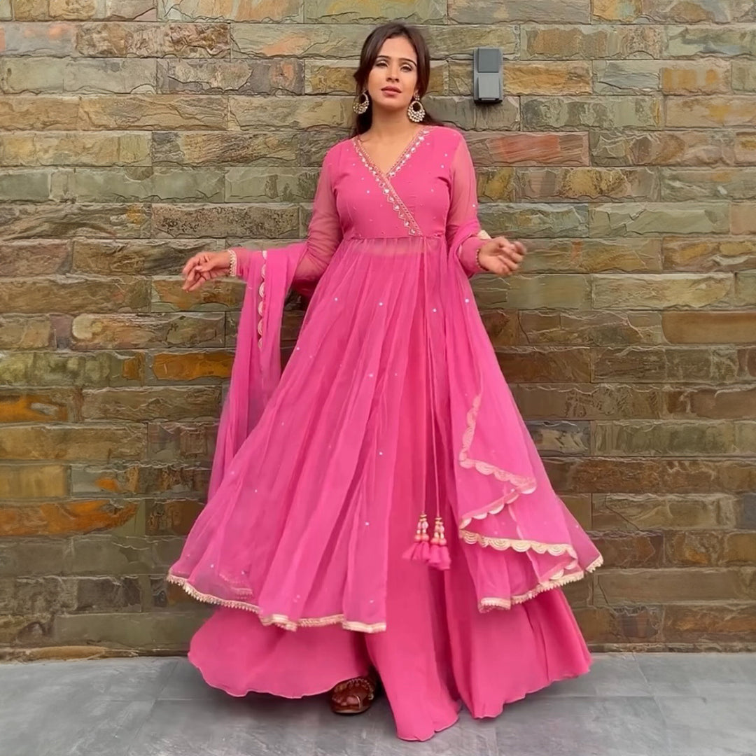 Rukhsaar Pink Net Angrakha Designer Anarkali for Women Online – UrbanStree