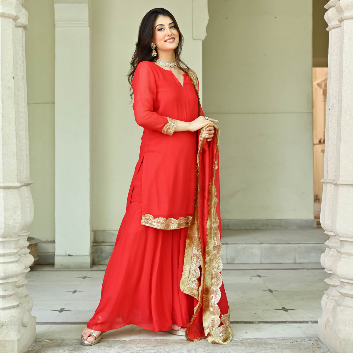 Dilbar Red Moti Handwork Designer Sharara Suit Set for Women Online ...
