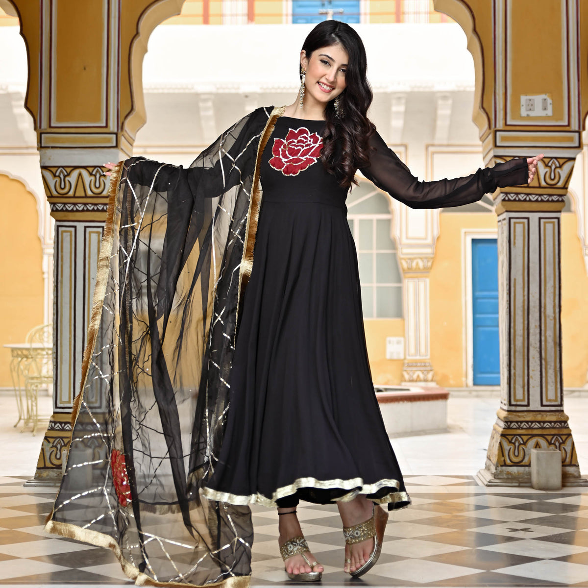 Black Rose Designer Full Sleeve Georgette Suit Set for Women Online ...