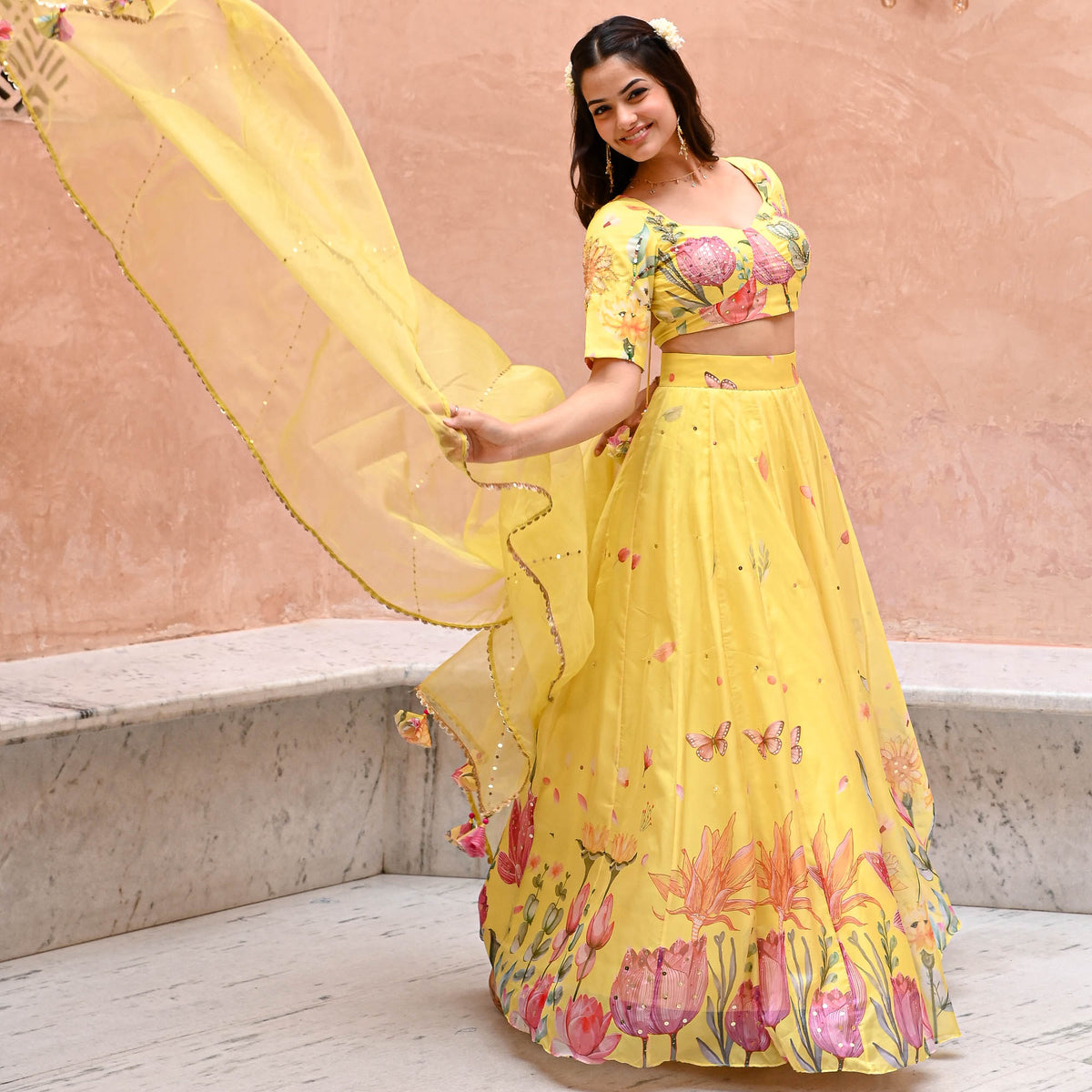 Chavi Yellow Floral Organza Designer Lehenga Set for Women Online ...