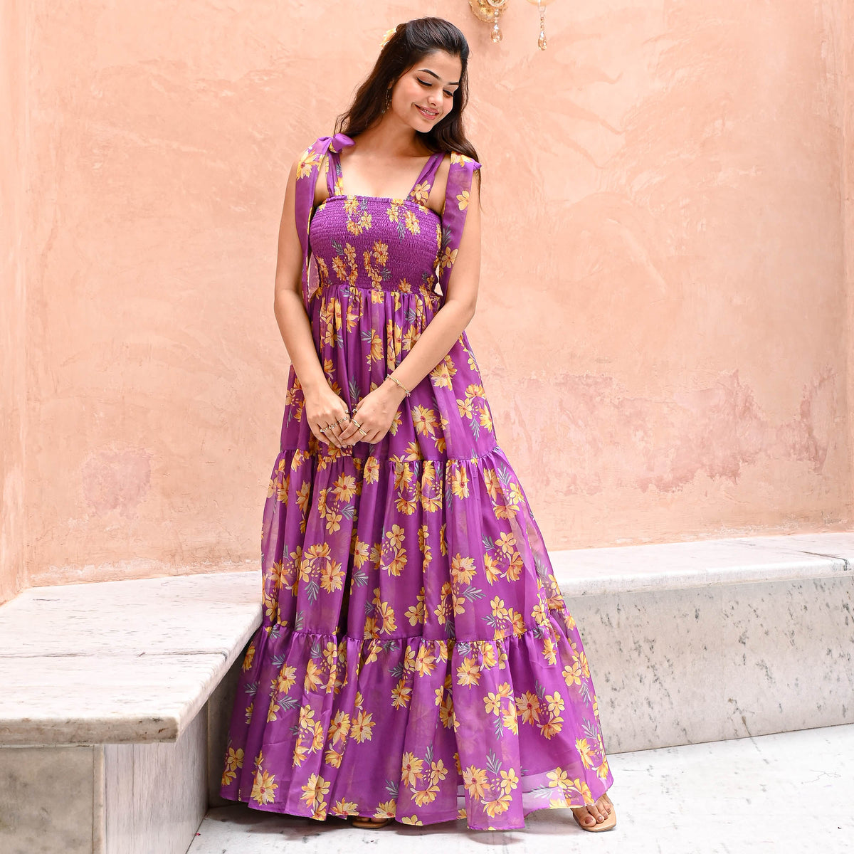 Bella Purple Designer Floral Organza Maxi Dress for Women Online ...