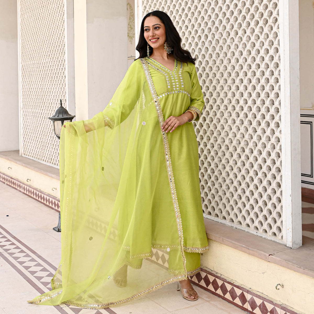 Sheesha Designer Lime Green Mirror Work Anarkali Suit for Women Online ...