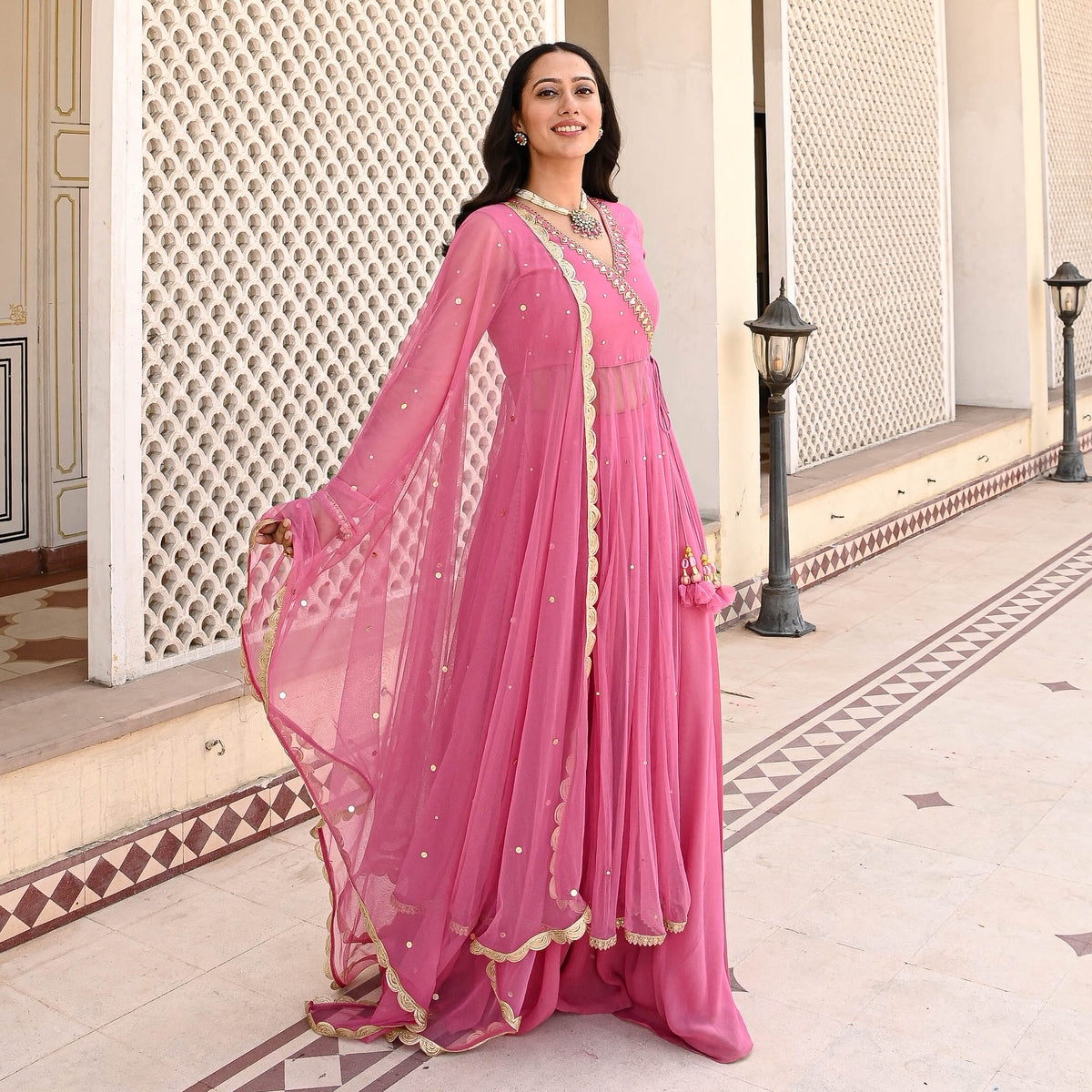 Rukhsaar Pink Net Angrakha Designer Anarkali for Women Online – UrbanStree