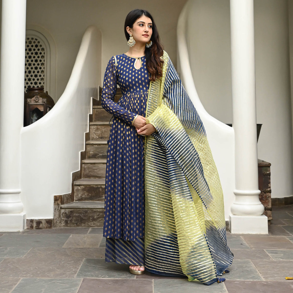 Shree Blue Jacquard Full Sleeve Designer Suit Set for Women Online ...