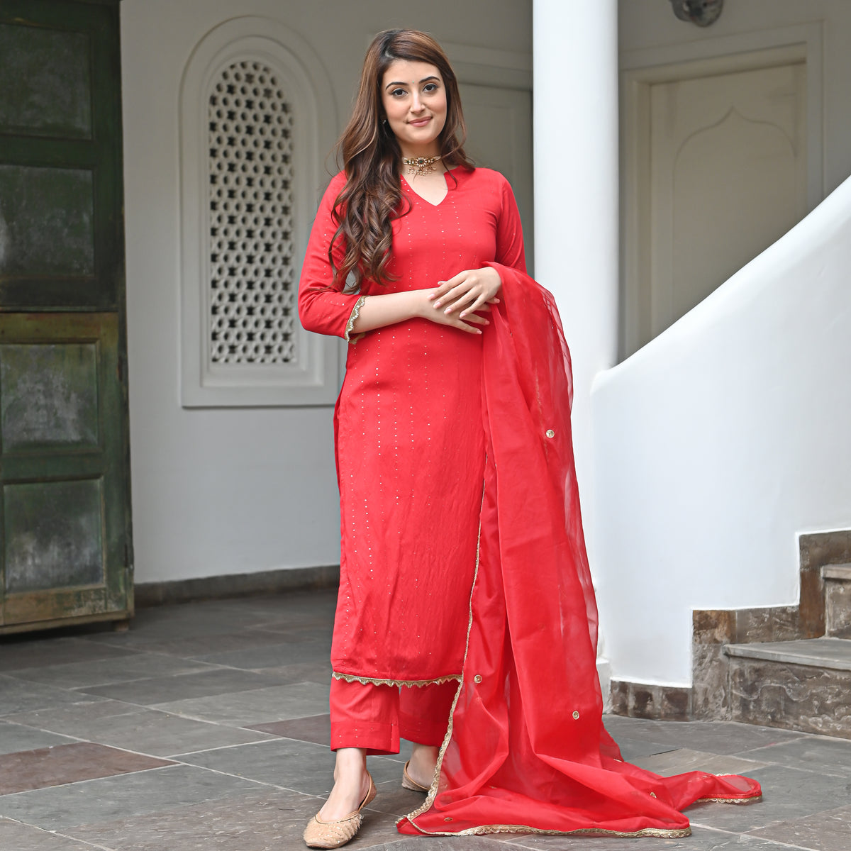 Buy UrbanStree Nura Red Designer Ethnic Wear Chanderi Suit Set For ...
